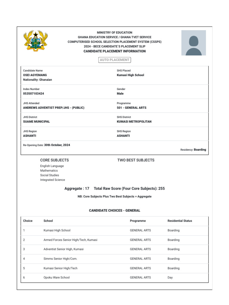 Kumasi High School Placement Info | PDF | Ghana