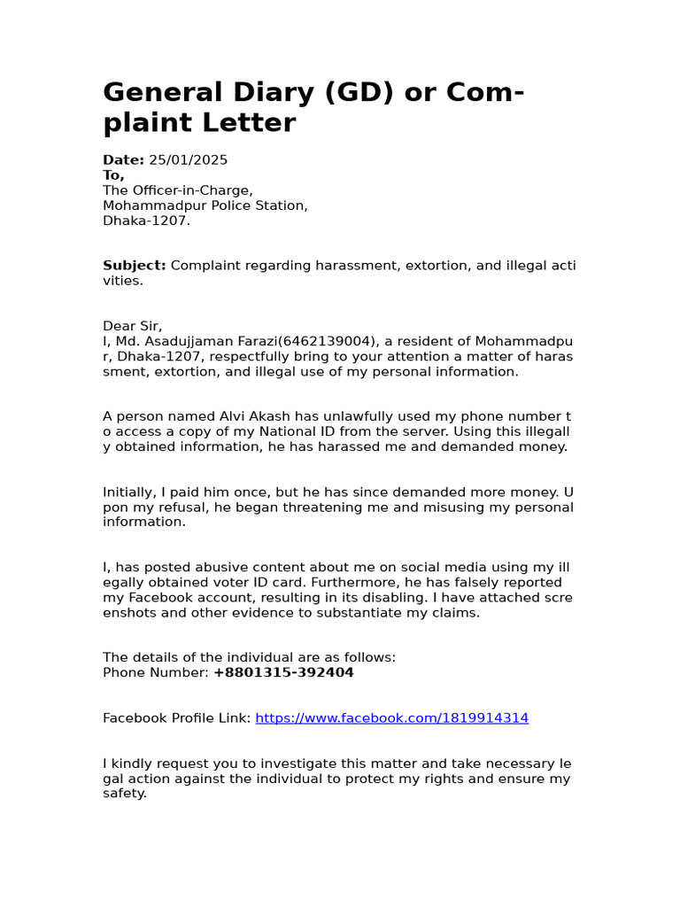 General Diary (GD) or Complaint Letter | PDF