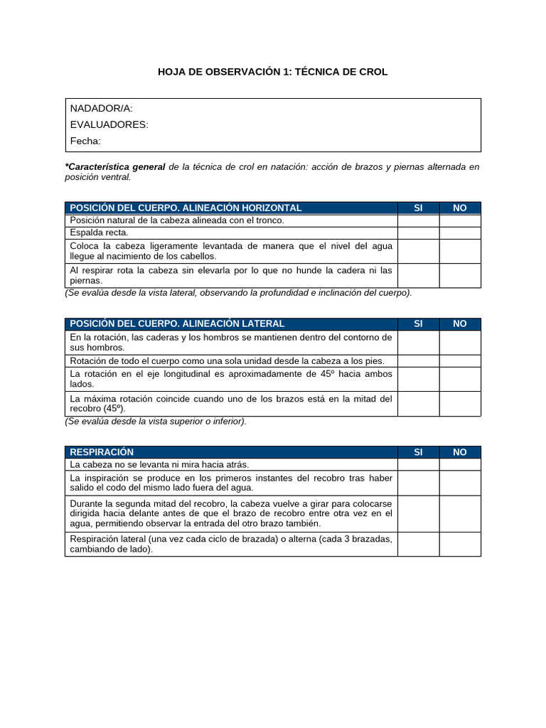 Hoja de Observación 1 - Crol | PDF | Mano | Codo