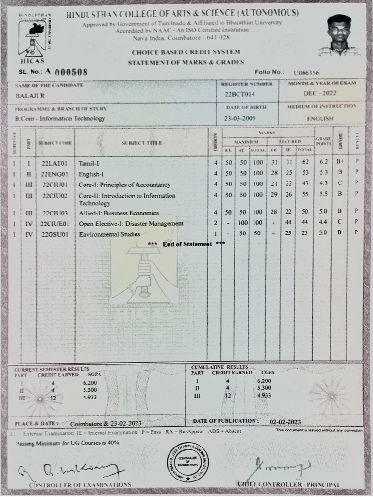 1 Semester Marksheet | PDF