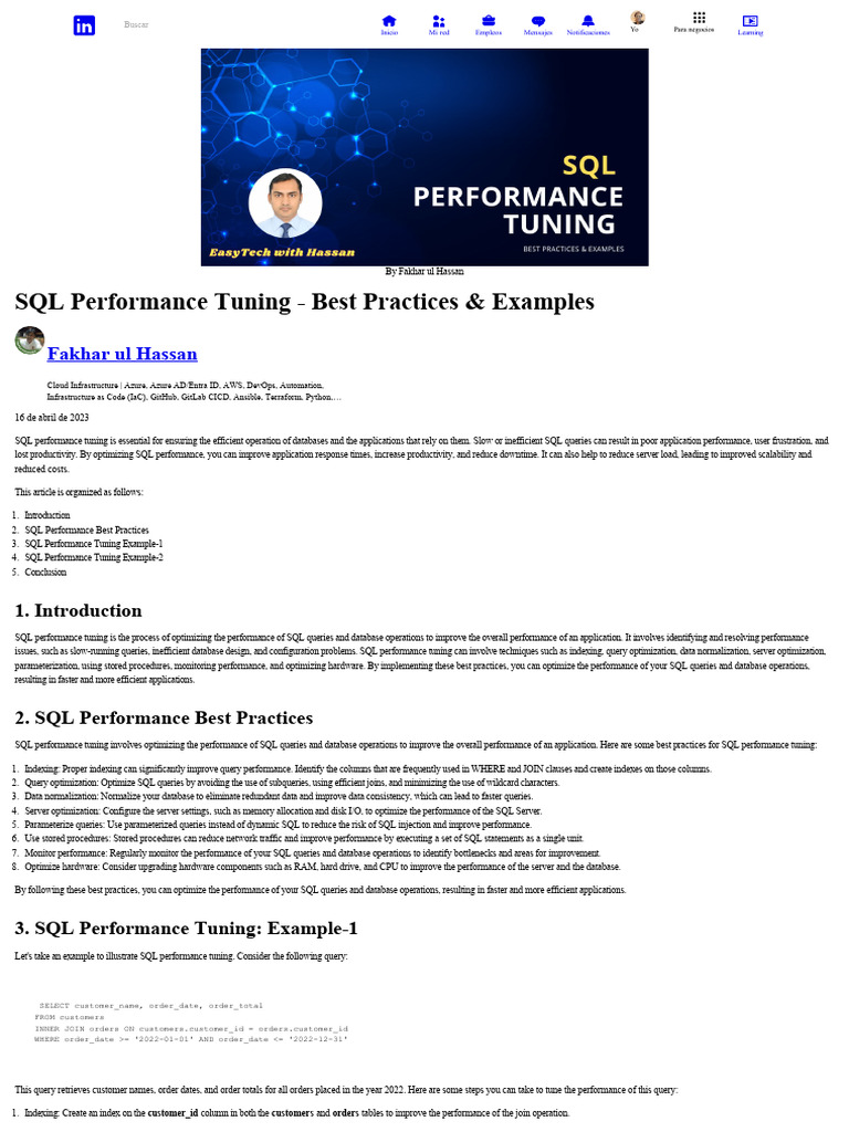 (1) sql performance tuning - best practices _ examples _ linkedin | PDF | Databases | Sql
