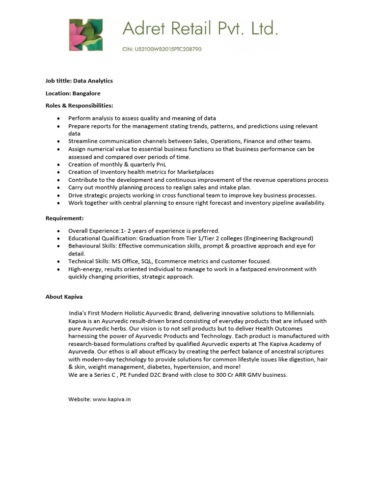 JD - Data Analytics | PDF