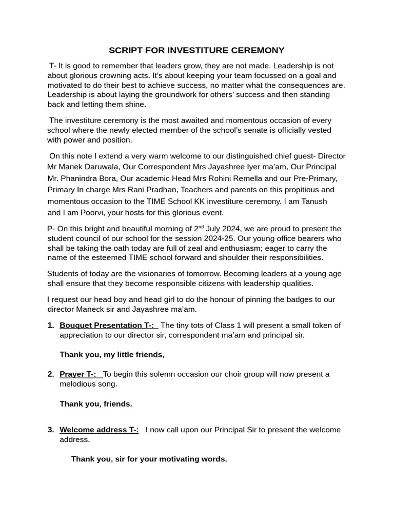 Investiture Ceremony Script | PDF