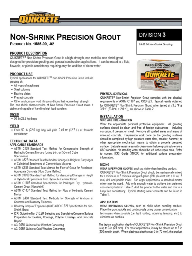 Data - Sheet Non Shrink Precision Grout 1585 00 | PDF | Concrete | Cement
