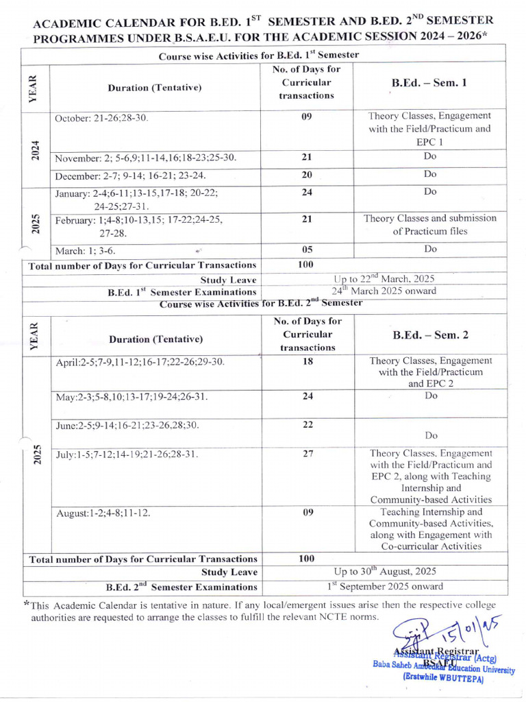 Academic Calendar BSAEU BED | PDF