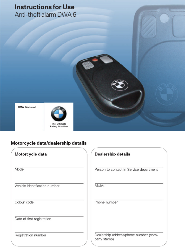 BMW R1100 Series Alarm Instructions | PDF | Remote Control | Electronics