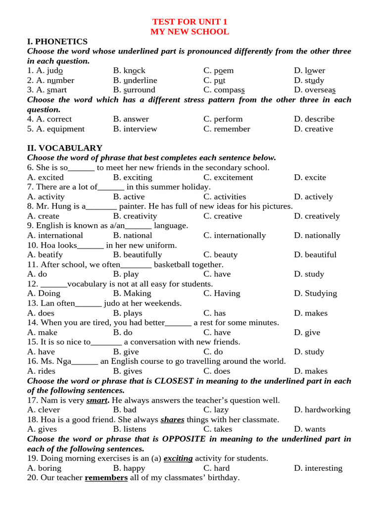 Unit 1 English Test: Phonetics, Vocabulary, Grammar | PDF | English ...