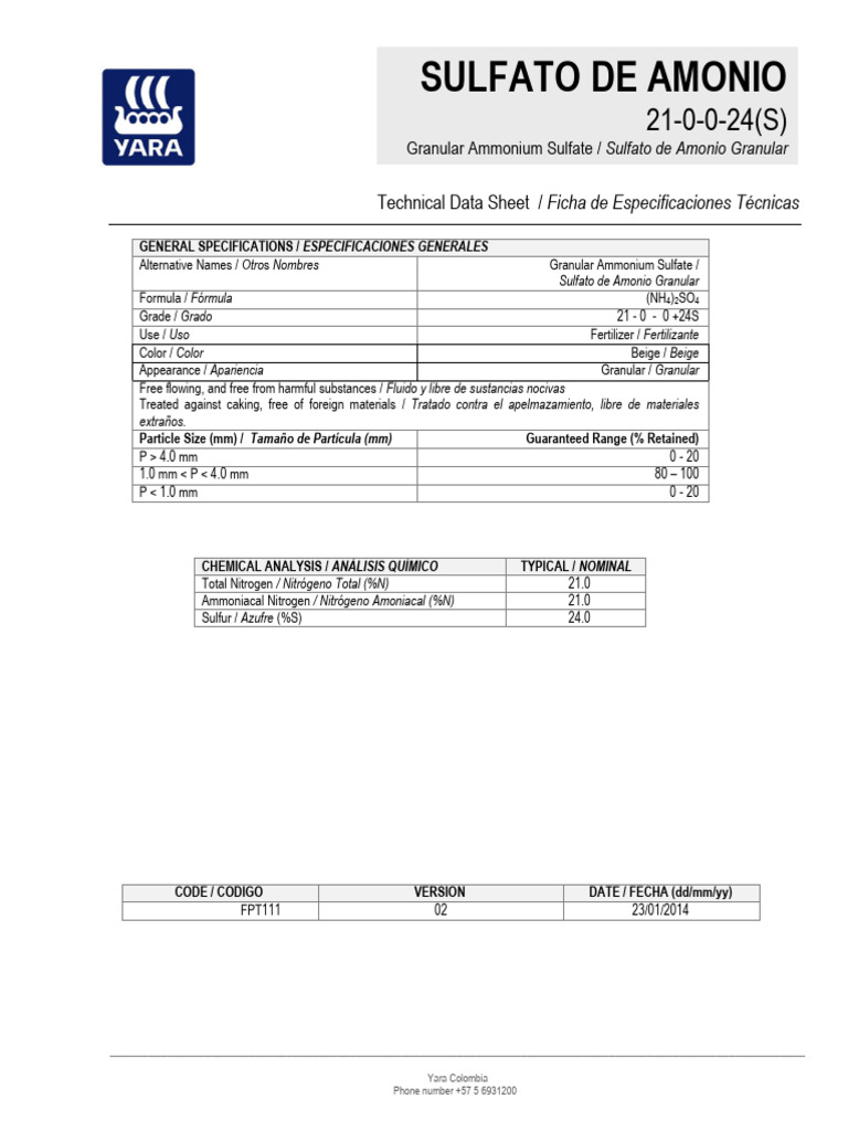 Ft-Sulfato de Amonio | PDF | Sustancias químicas | Nitrógeno