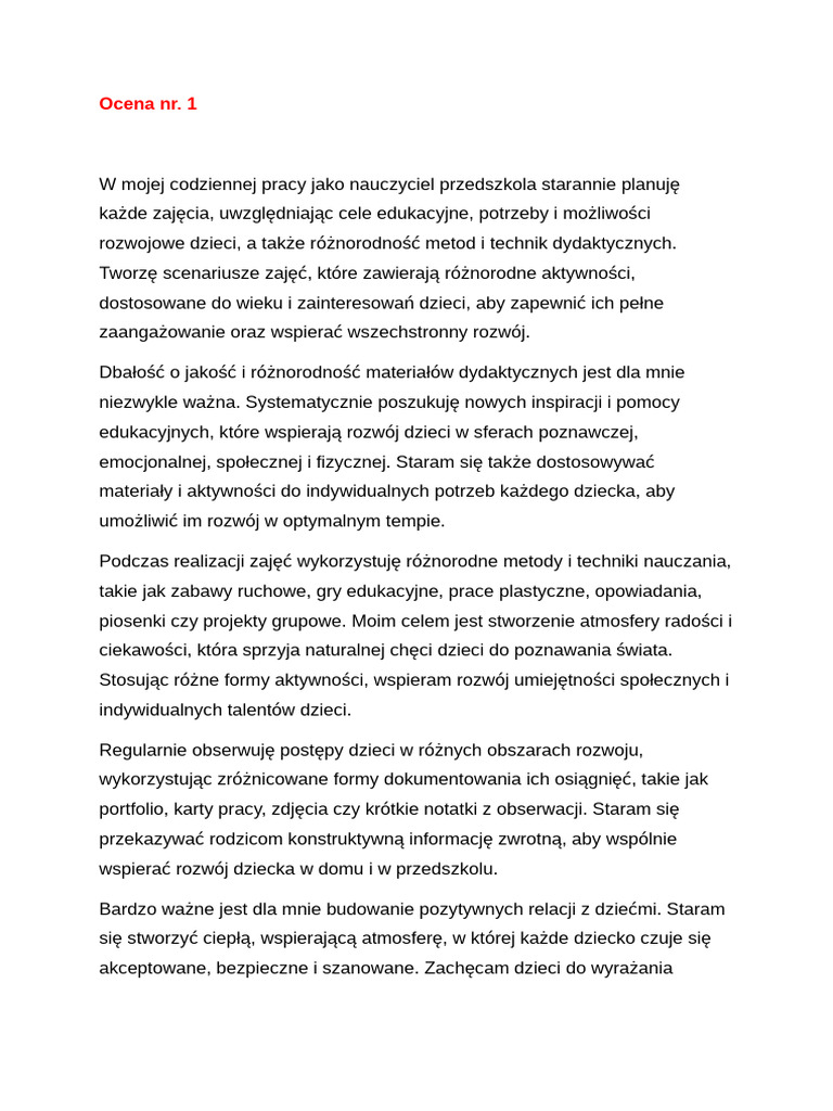 Samoocena Nauczyciela Przedszkola Przyklad 2 | PDF