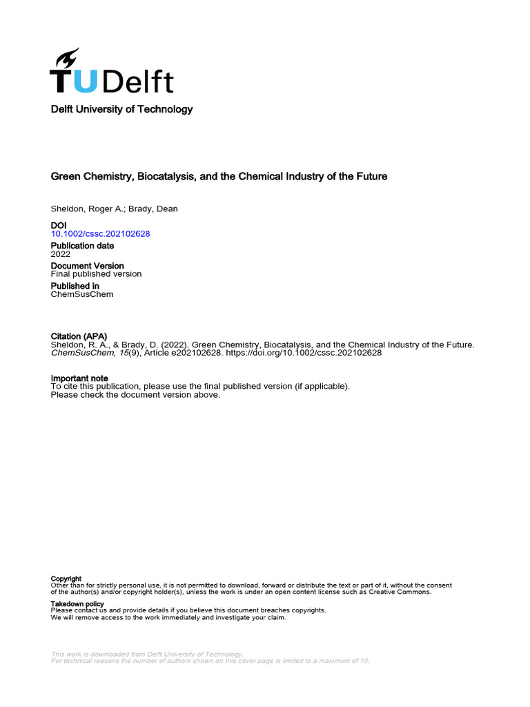 ChemSusChem 2022 Sheldon Green Chemistry Biocatalysis and The Chemical ...