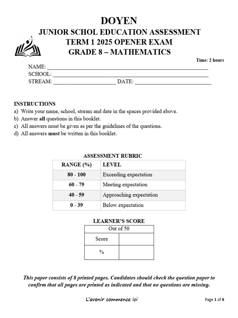 Grade 8 Mathematics Term 1 Exam 2025 | PDF | Mathematics