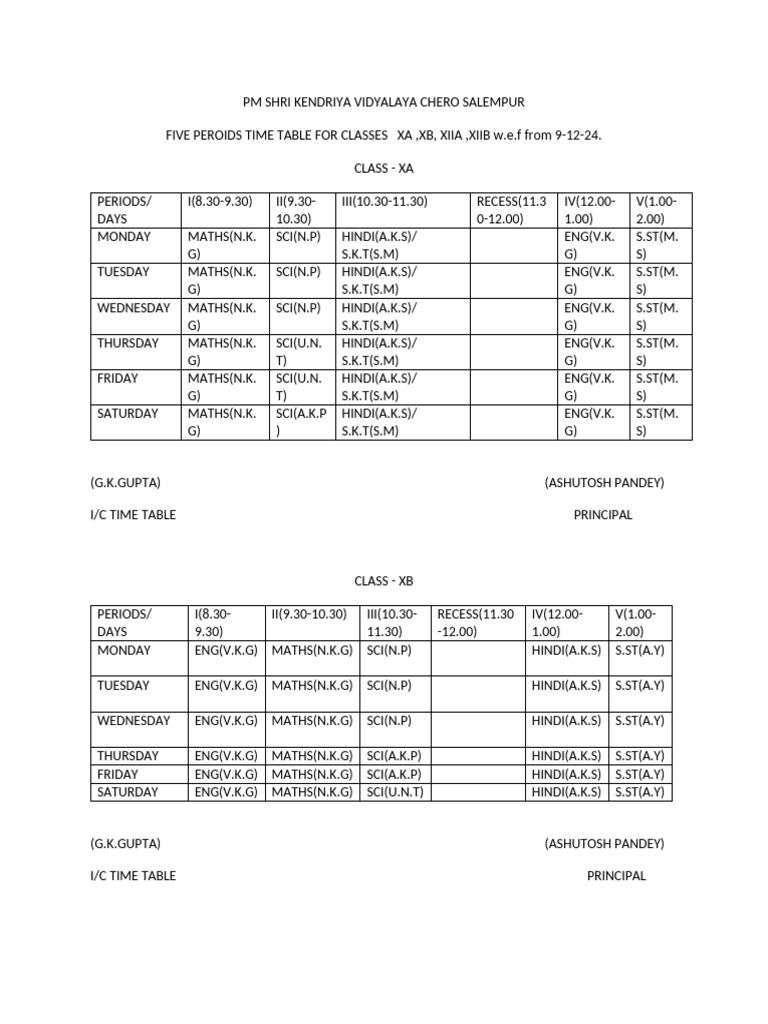 Five Periods Time Table of X, Xii 24 - 25 | PDF
