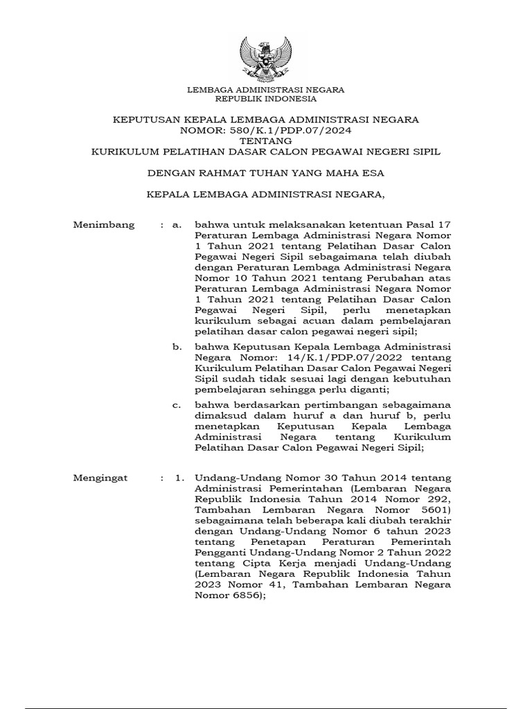KepLAN 580 - Kurikulum Latsar CPNS | PDF