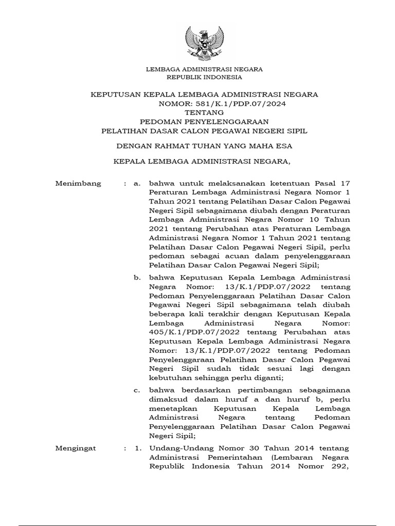 KepLAN 581 - Pedoman Penyelenggaraan Latsar CPNS | PDF