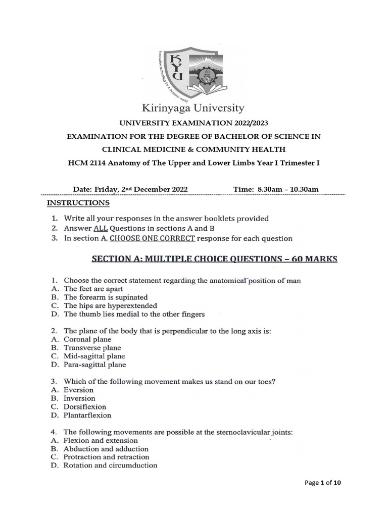 HCM 2114 Anatomy of The Upper and Lower Limbs Year I Trimester I | PDF