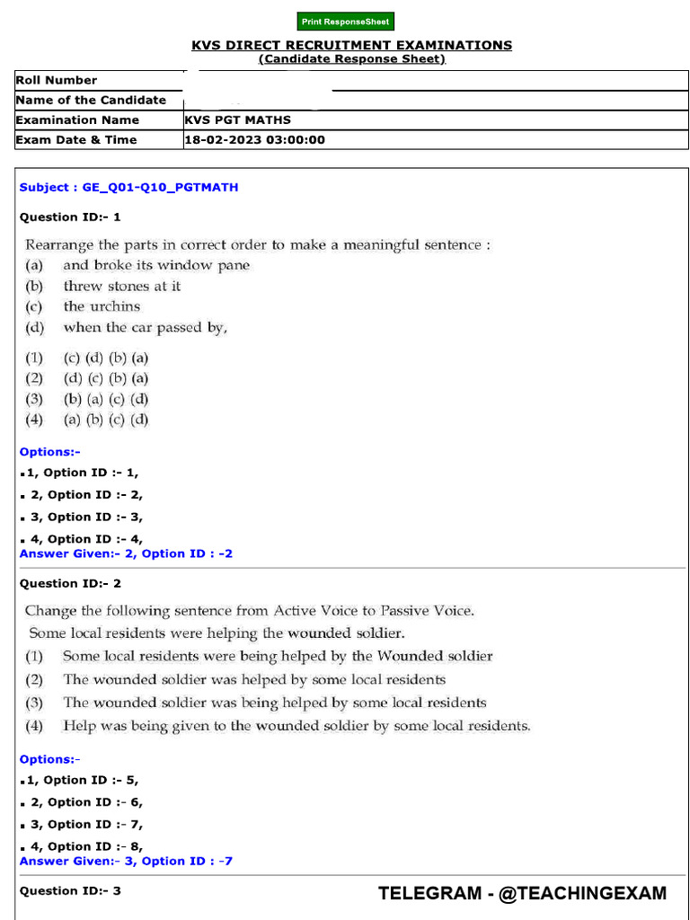 KVS PGT Exam 2022 Answer Keys | PDF | Intelligence | Cognitive Science