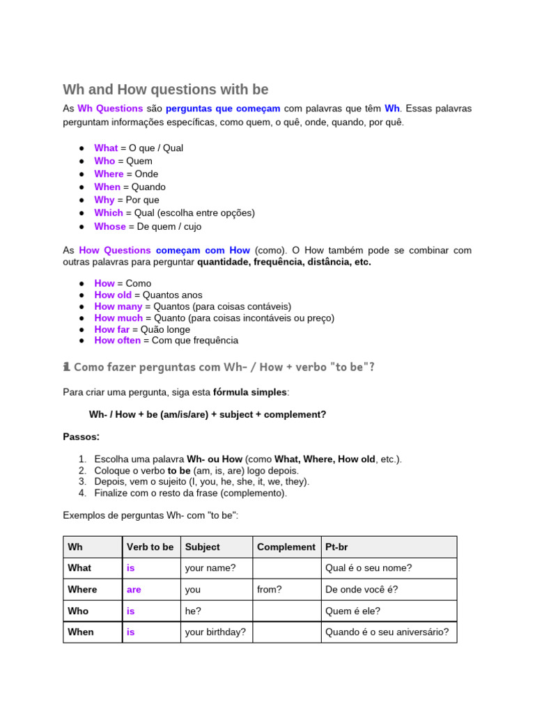 Perguntas Wh e How com "to be" | PDF | Famílias linguísticas | Linguística