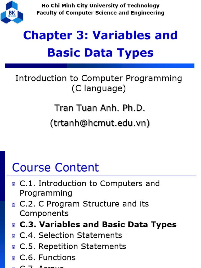 CO1003 - Chapter 3 - Variables and Basic Data Types | PDF | C (Programming Language) | Software ...