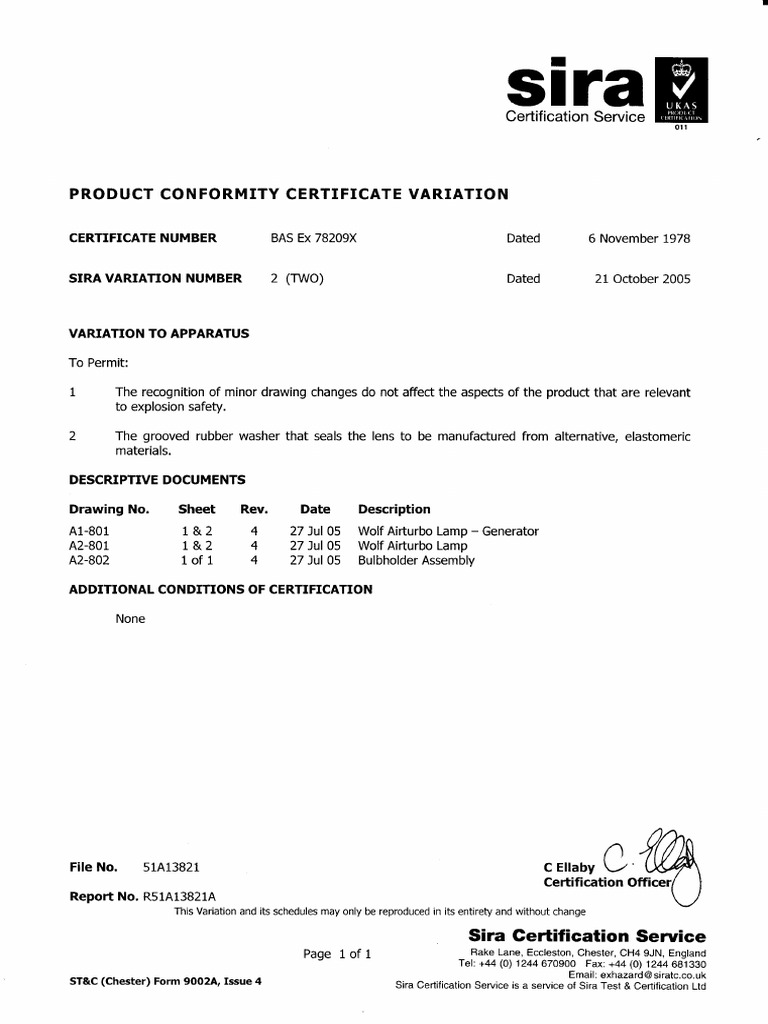 Certificate - Airlamp Non-Atex Sira - Safety Lamp of Houston Inc. | PDF ...