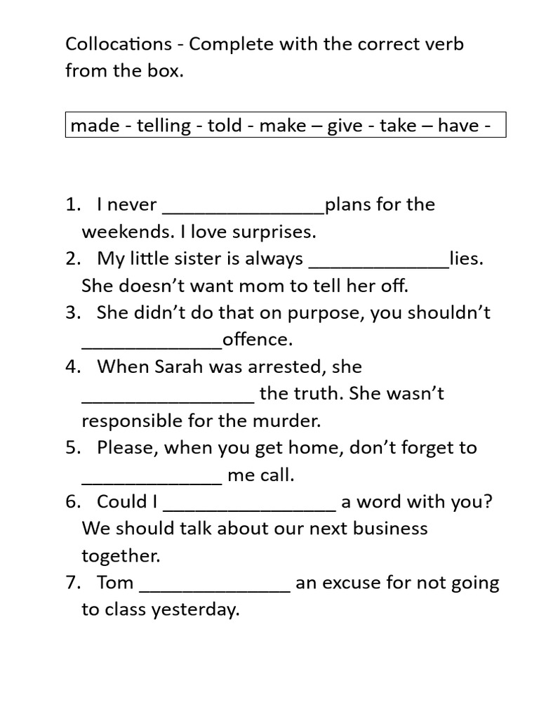 Verb Collocations Exercise | PDF