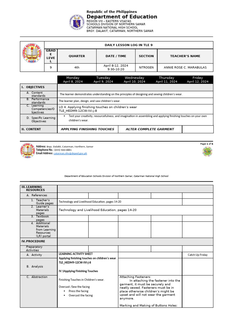 tle 9 Q4 w2 | PDF | Sewing | Clothing