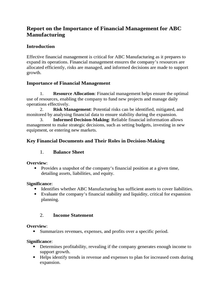 Report On The Importance of Financial Management For ABC Manufacturing ...
