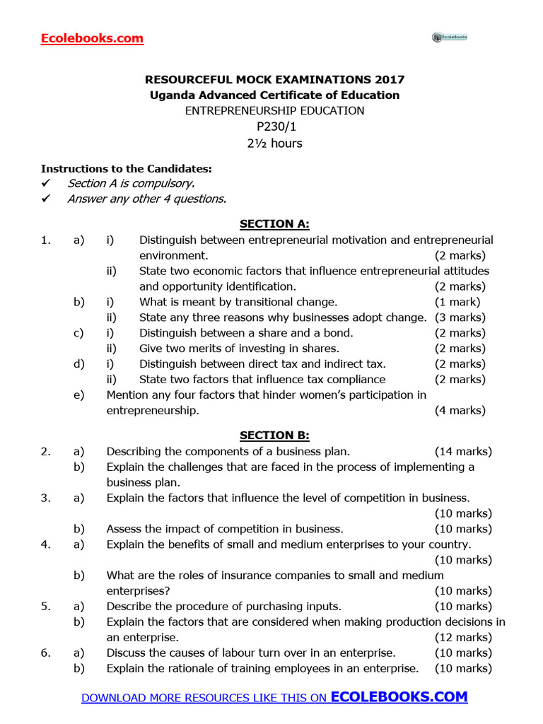 S6 Enterprenuership P1 Revision Past Papers | PDF | Entrepreneurship ...