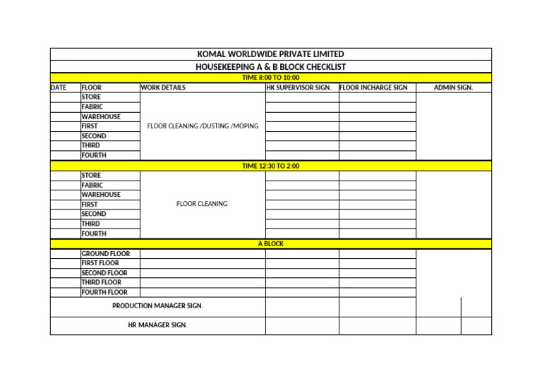 Housekeeping Checklist for A & B Block | PDF