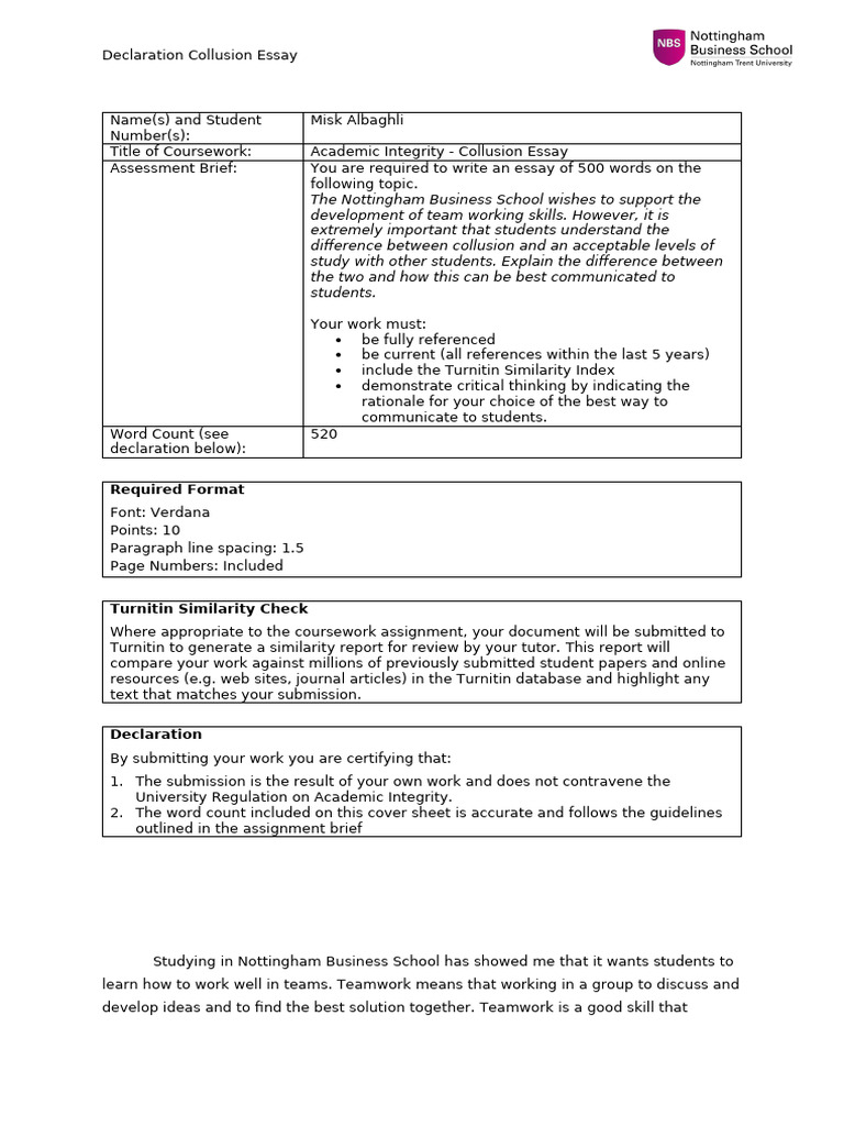 Albaghli - Academic Integrity - Collusion Essay | PDF | Turnitin ...