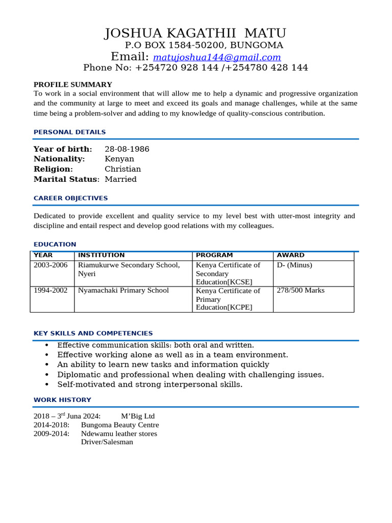 JOSHUA KAGATHII MATU-Cv | PDF