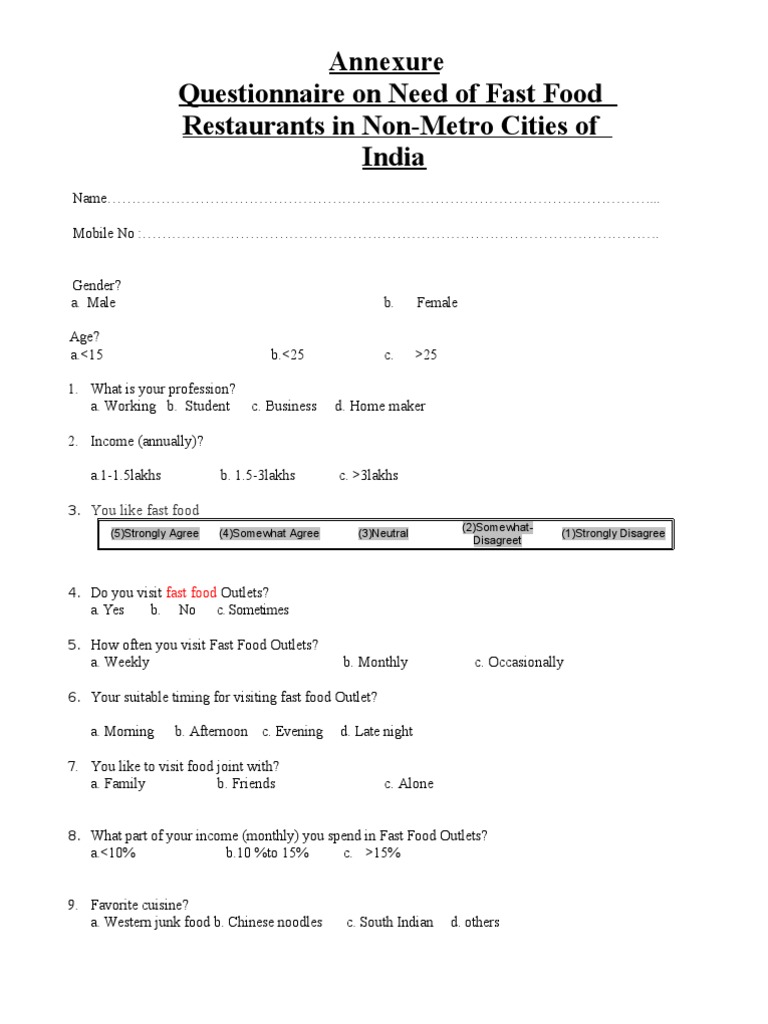 Fast Food Questionnaire | PDF | Waiting Staff | Restaurants
