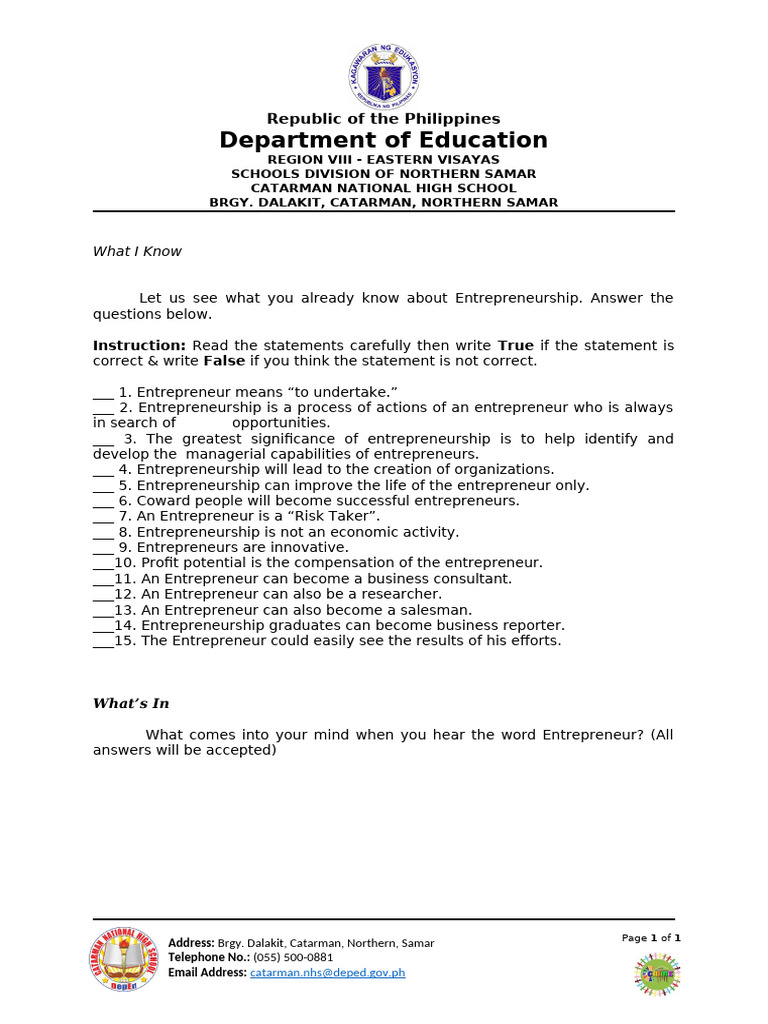 Entrepreneurship Knowledge Assessment | PDF