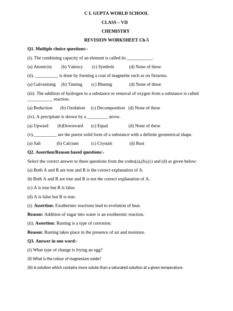 Class VII Chemistry Revision Worksheet | PDF