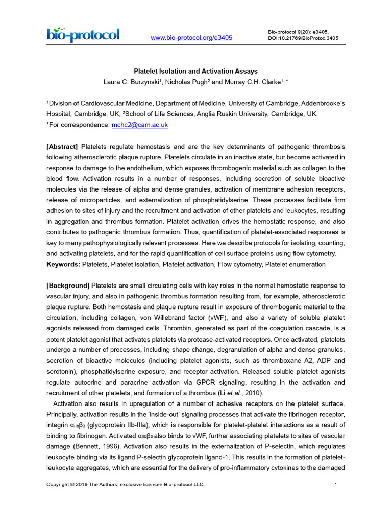 BioProtocol Platelet Isolation and Activation | PDF | Platelet | Hemostasis