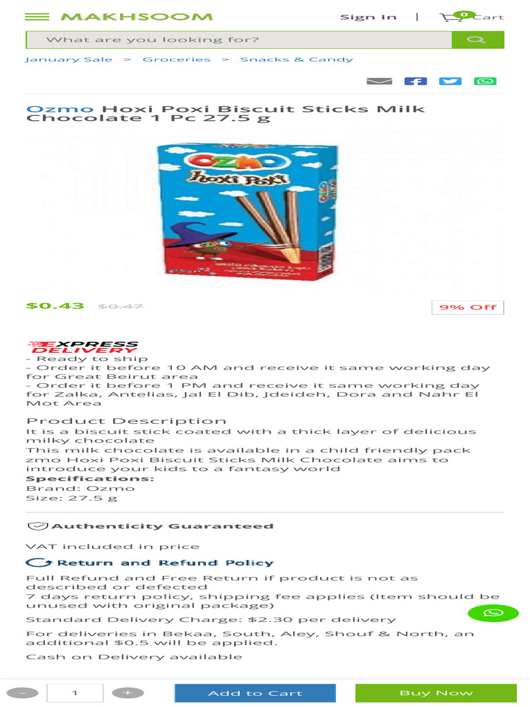 Ozmo Hoxi Poxi Biscuit Sticks Milk Chocolate 1 Pc 27.5 g - Makhsoom | PDF