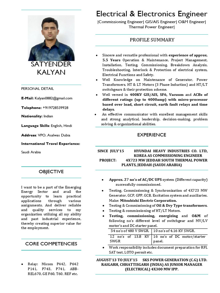 Satyender Kalyan Resume | PDF | Electricity | Electric Power