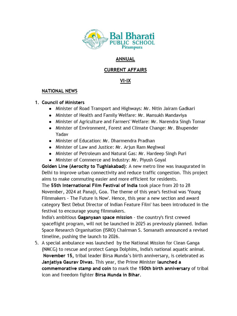 Annual Current Affairs Classes Vi Ix | PDF