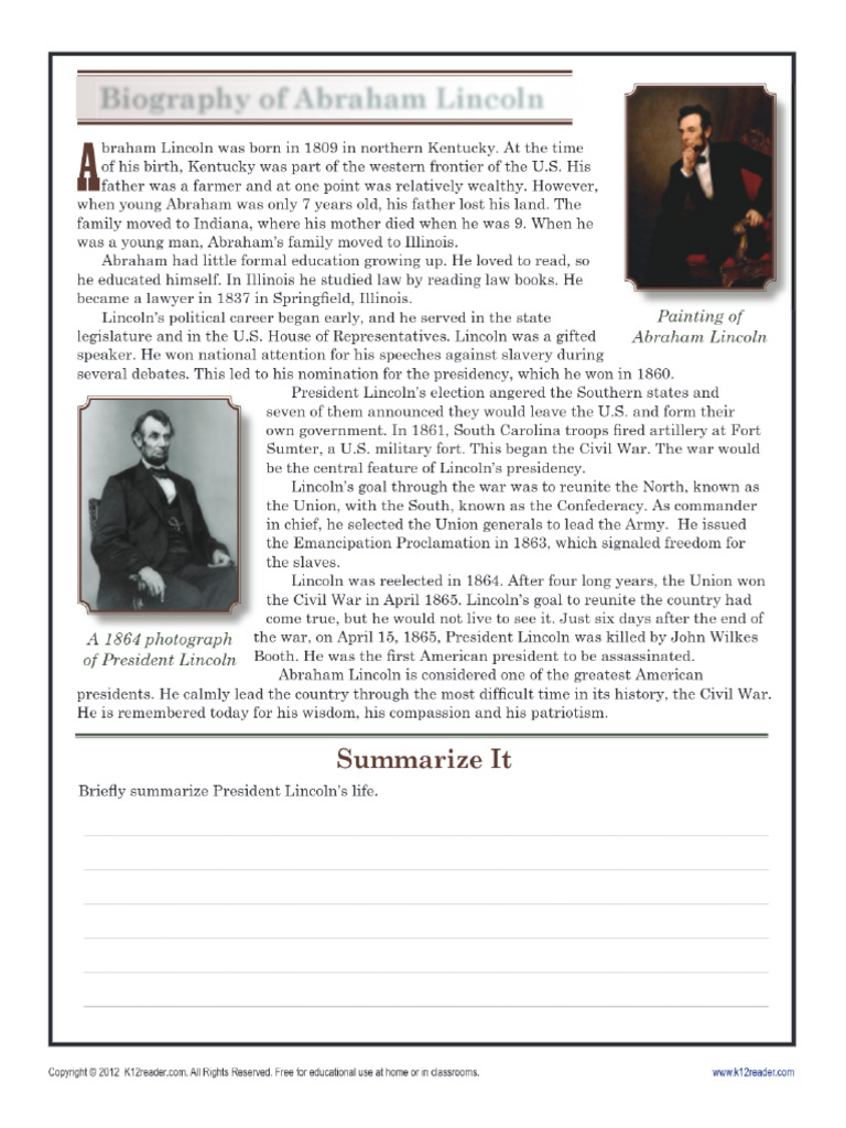 Abraham Lincoln - 7th Grade Reading Comprehension Worksheet | PDF