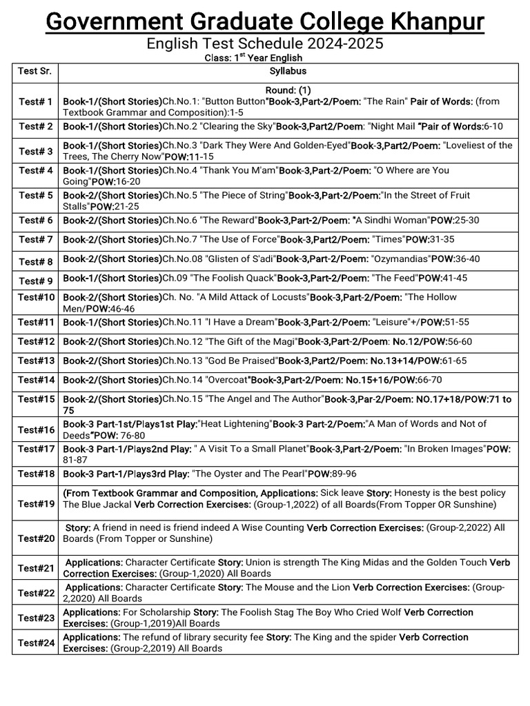 1st Year English Test Schedule 2024-25 | PDF
