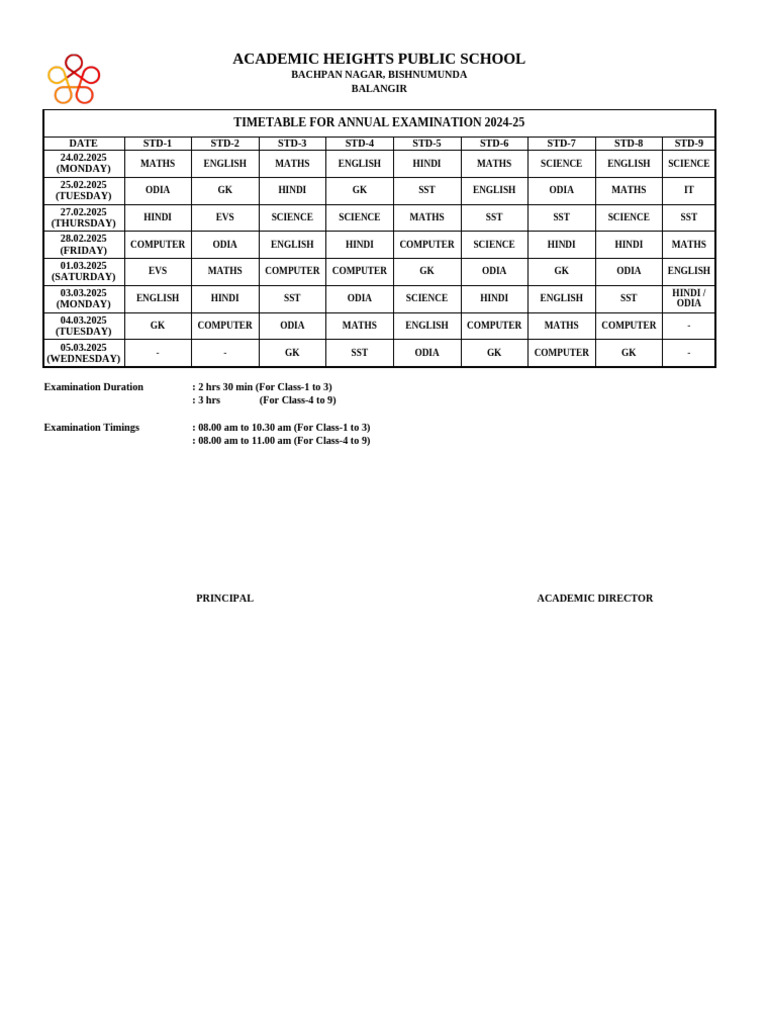 Annual Exam Time Table - 2024-25 | PDF