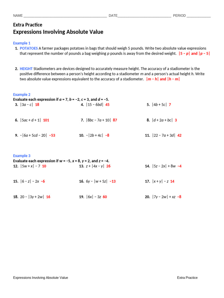 Expressions Involving Absolute Value Answers | PDF