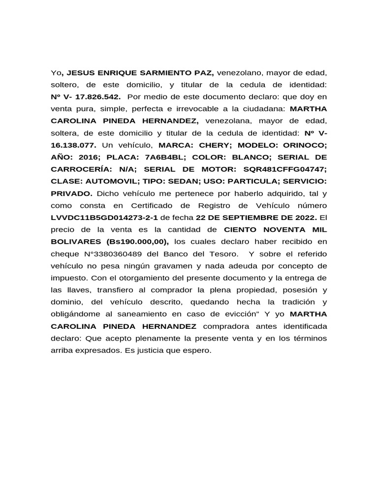 Venta de vehículo Chery Orinoco 2016 | PDF