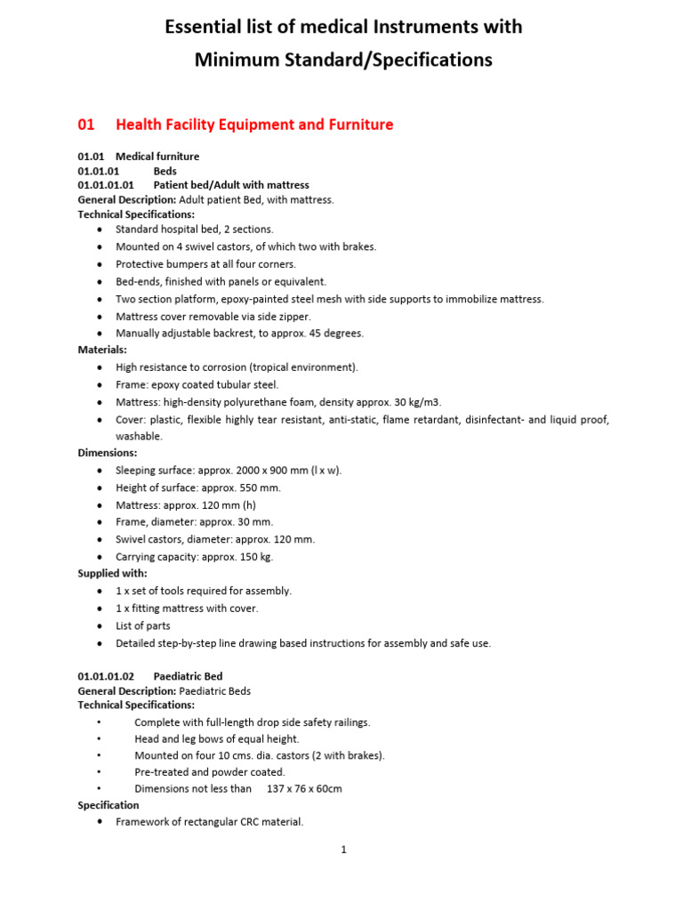 Essential Medical Instrument With Minimum Specification | PDF | Washing Machine | Clothes Dryer