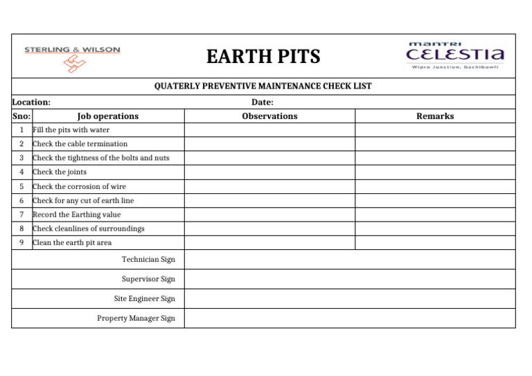 Quaterly Checklist Earth Pit - Copy | PDF