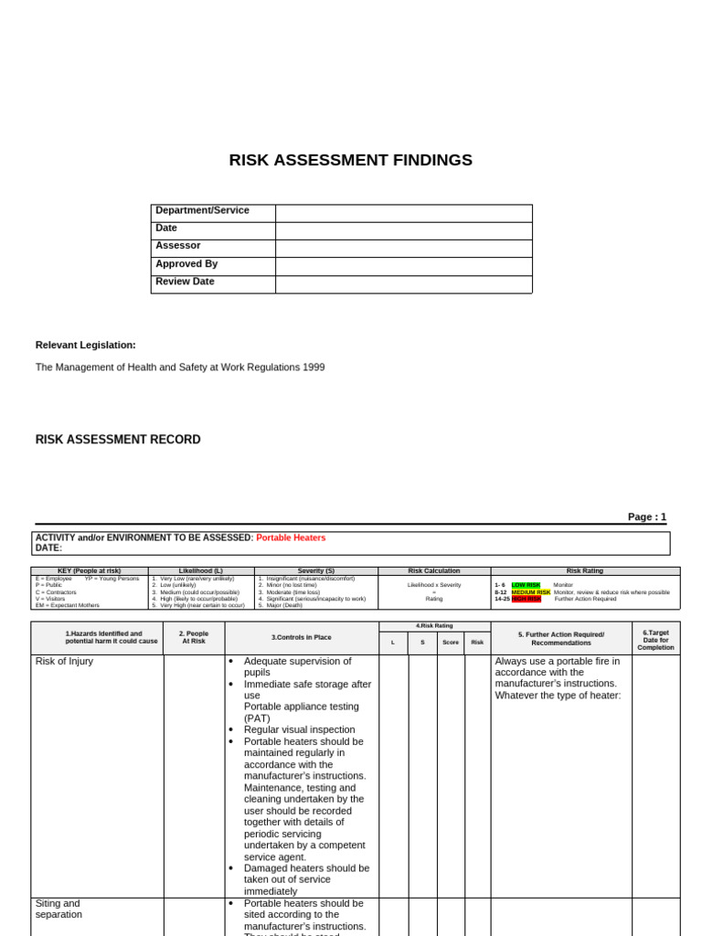Portable Heaters Risk Assessment Template | PDF | Risk | Electric Heating