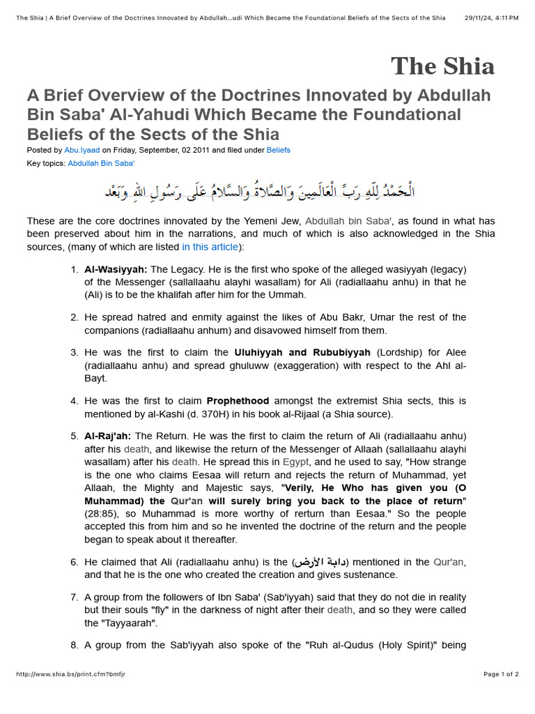 A Brief Overview of the Doctrines Innovated by Abdullah Bin Saba' Al-Yahudi Which Became the ...