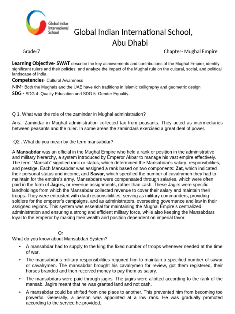 Gr 7 Mughal Empire lesson Notes | PDF