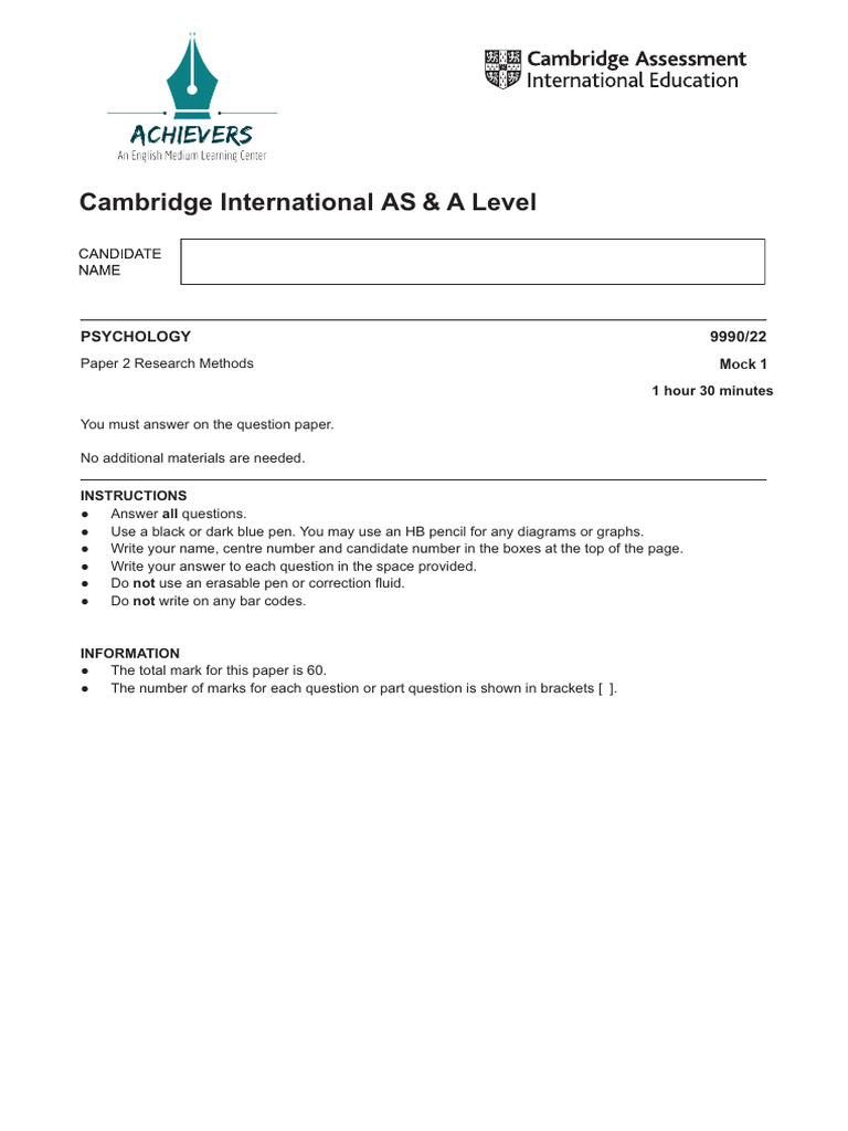 Psychology p2 mock 1 | PDF | Hypothesis | Methodology