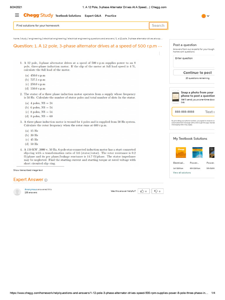 Q6 - A 12 Pole, 3-Phase Alternator Drives at A Speed... - Chegg | PDF | Electrical Equipment ...