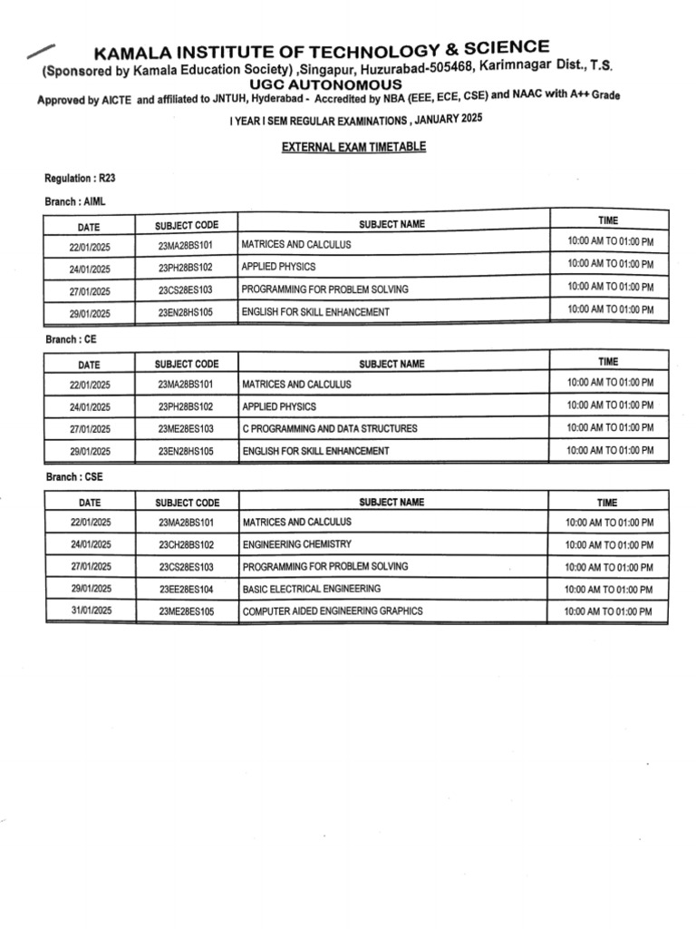 B.Tech I-I Regular Time Table | PDF